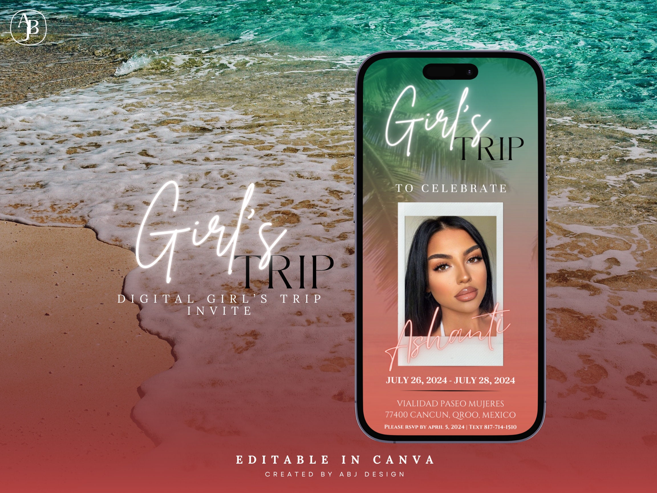 Girl's Trip Digital Invite, Girls Trip Itinerary, Tulum Trip, Tropical ...