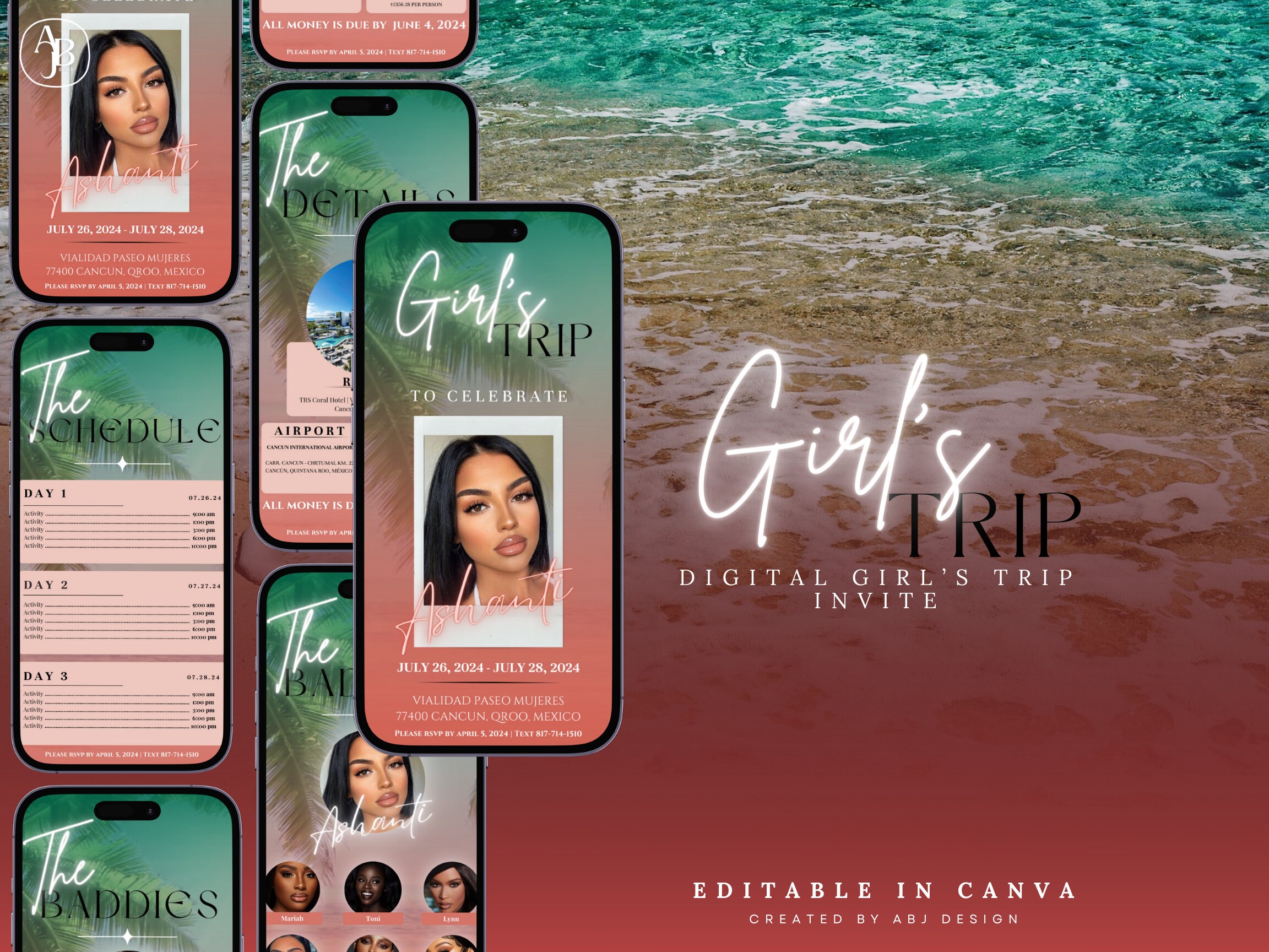 Girl's Trip Digital Invite, Girls Trip Itinerary, Tulum Trip, Tropical ...