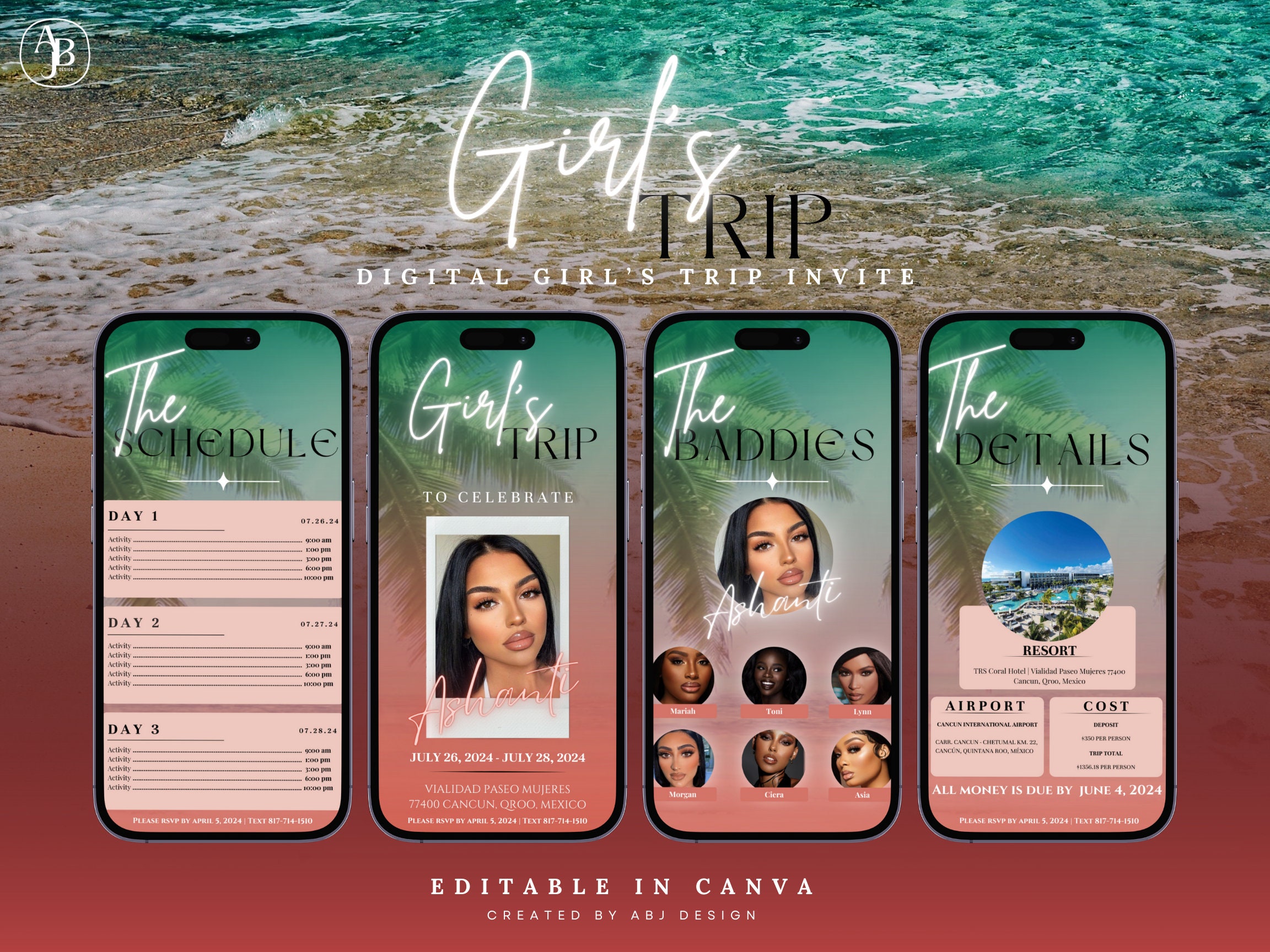 Girl's Trip Digital Invite, Girls Trip Itinerary, Tulum Trip, Tropical ...