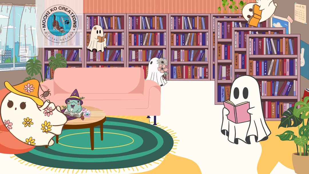Cute Ghost Library and Coffee Shop Screensavers, Digital Download - Etsy