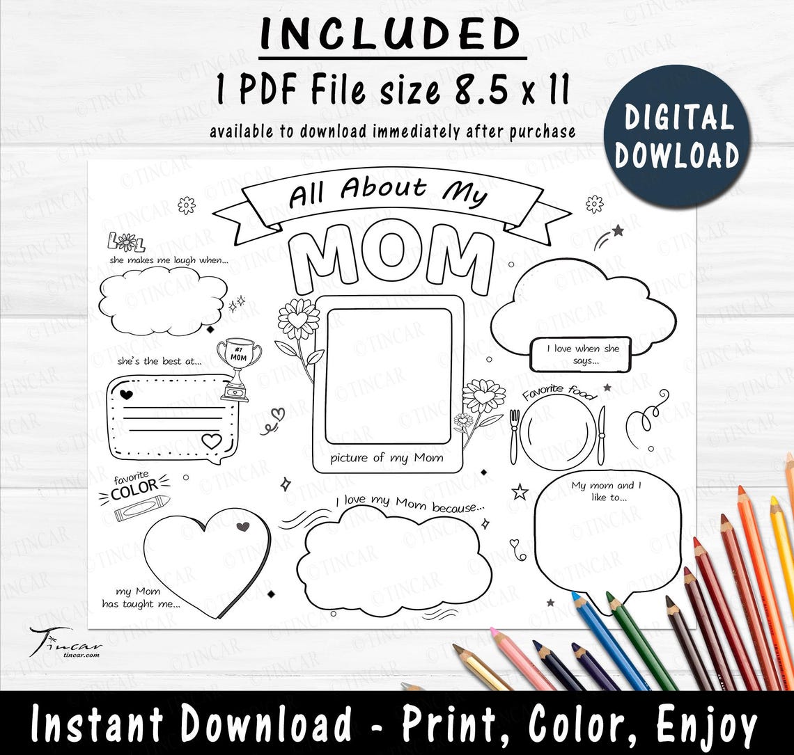 Mother's Day Coloring Page | All About My Mom Worksheet | Card for Mom ...