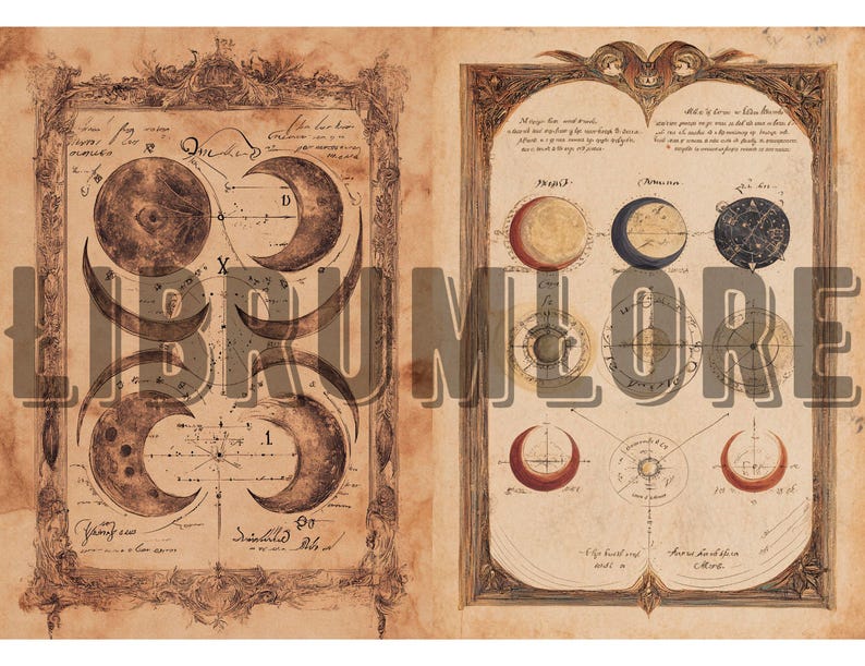 8 LUNAR Digital Manuscript Moon Book of Shadows Pages Printable Vintage ...