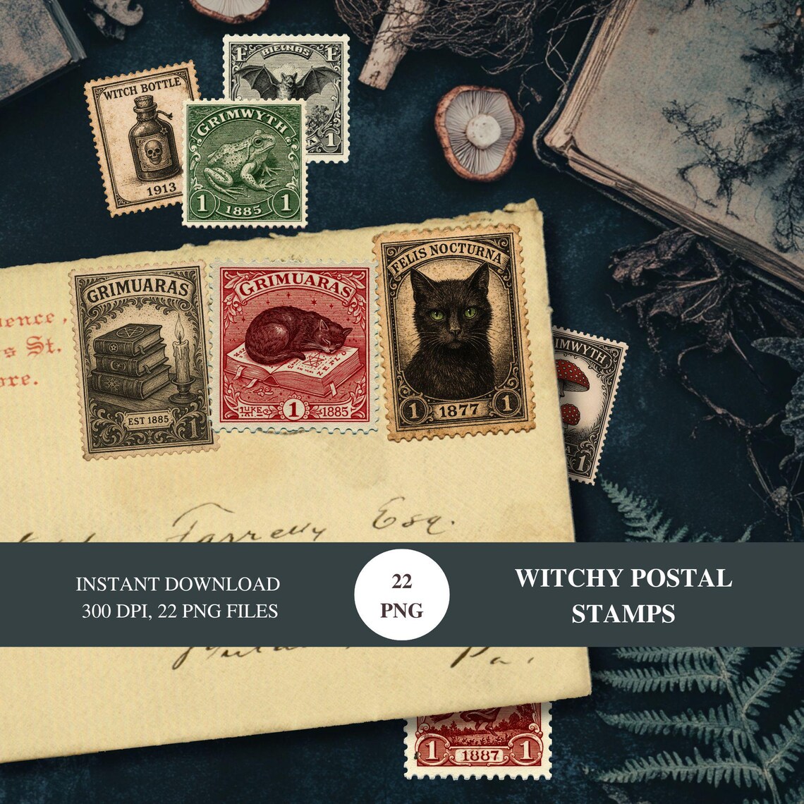 Witchy Postal Digital Stamps Set Vintage Occult Ephemera Faux Postage ...