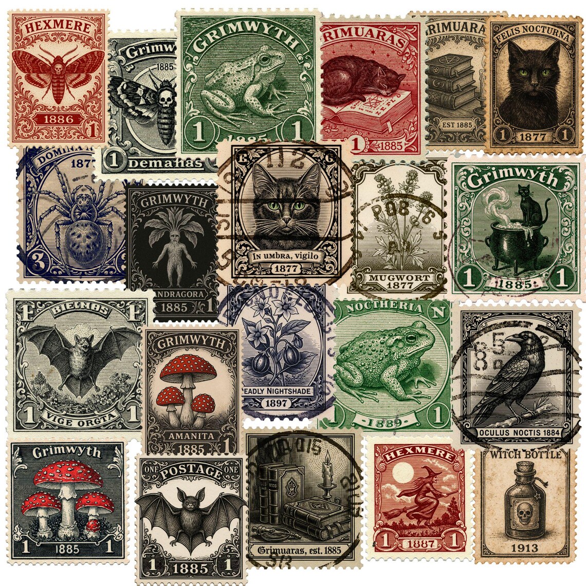 Witchy Postal Digital Stamps Set Vintage Occult Ephemera Faux Postage ...