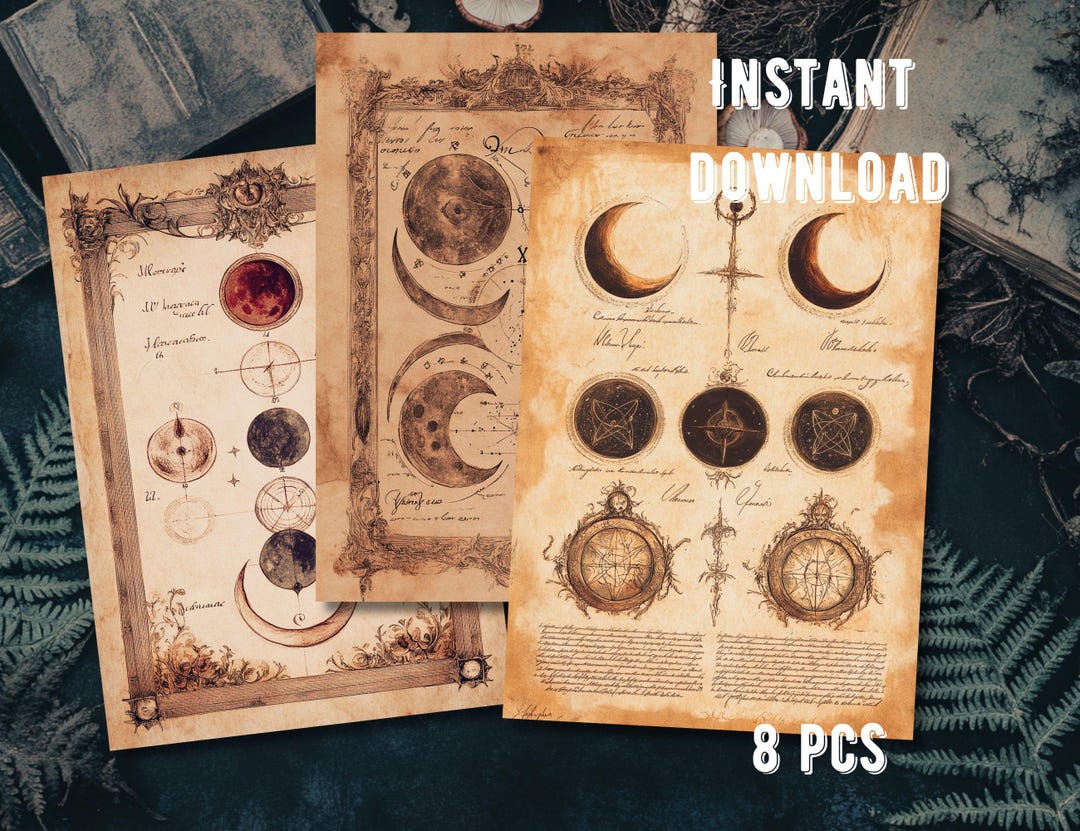 8 LUNAR Digital Manuscript Moon Book of Shadows Pages Printable Vintage ...