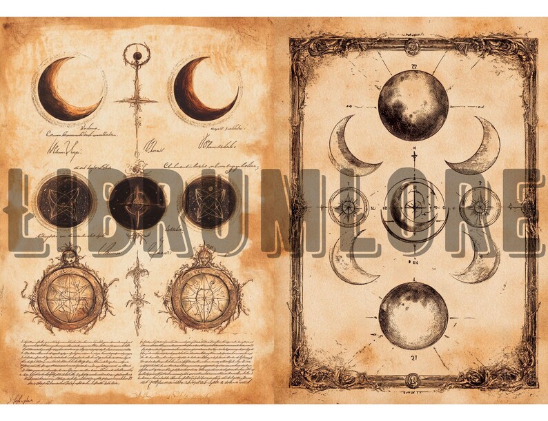 8 LUNAR Digital Manuscript Moon Book of Shadows Pages Printable Vintage ...