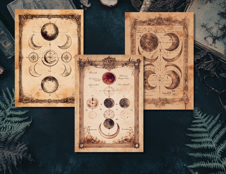 8 LUNAR Digital Manuscript Moon Book of Shadows Pages Printable Vintage ...