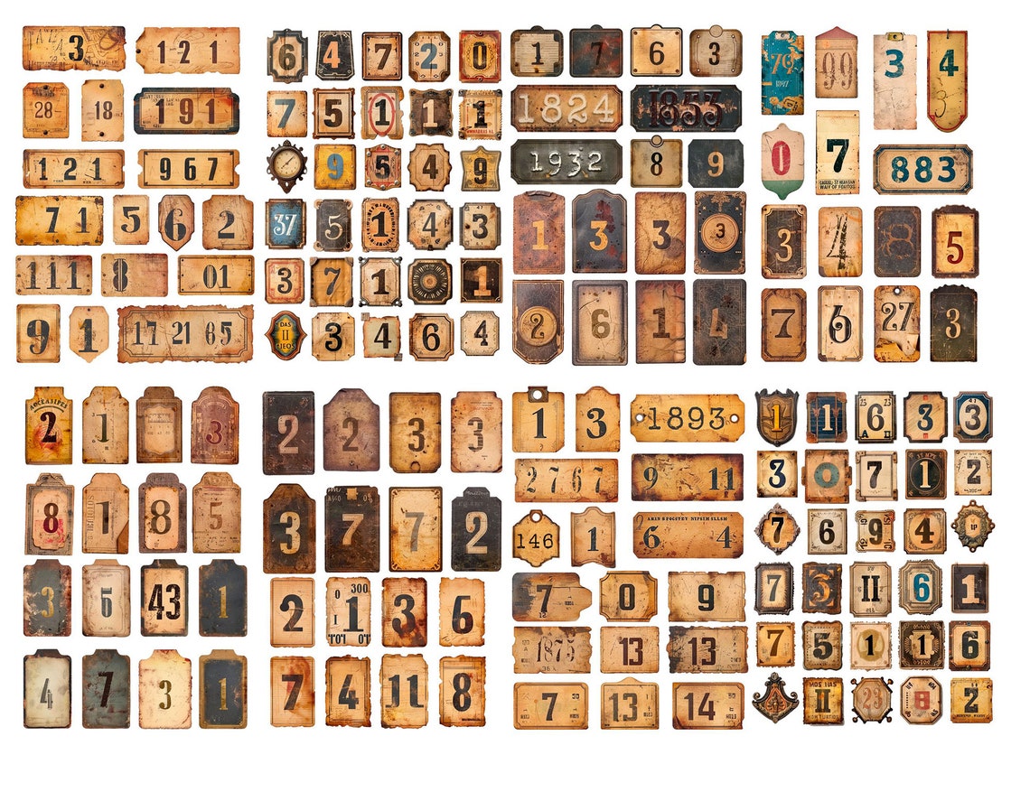 Vintage Numbers 150+ Images Old Grunge Labels Tags Printable | Digital ...