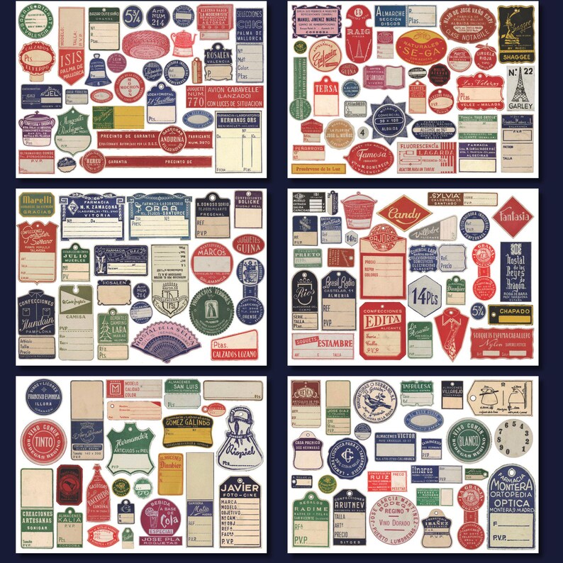 Authentic Vintage Labels and Tags 6 Pages 150+ Printable Tiny Retro ...