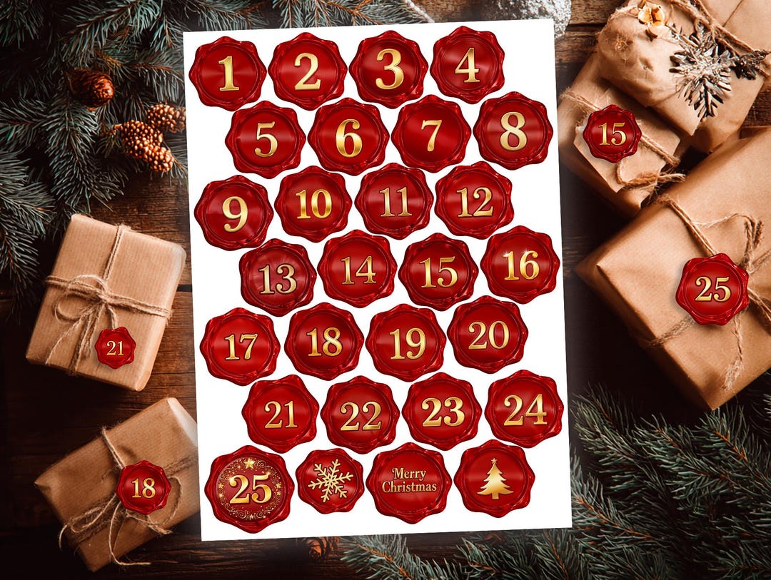 Advent Calendar 25 Red Wax Stamp Labels Christmas Countdown Digital ...