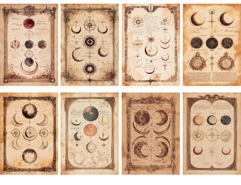 8 LUNAR Digital Manuscript Moon Book of Shadows Pages Printable Vintage ...