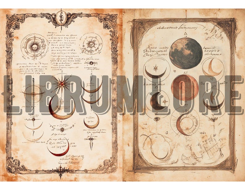 8 LUNAR Digital Manuscript Moon Book of Shadows Pages Printable Vintage ...