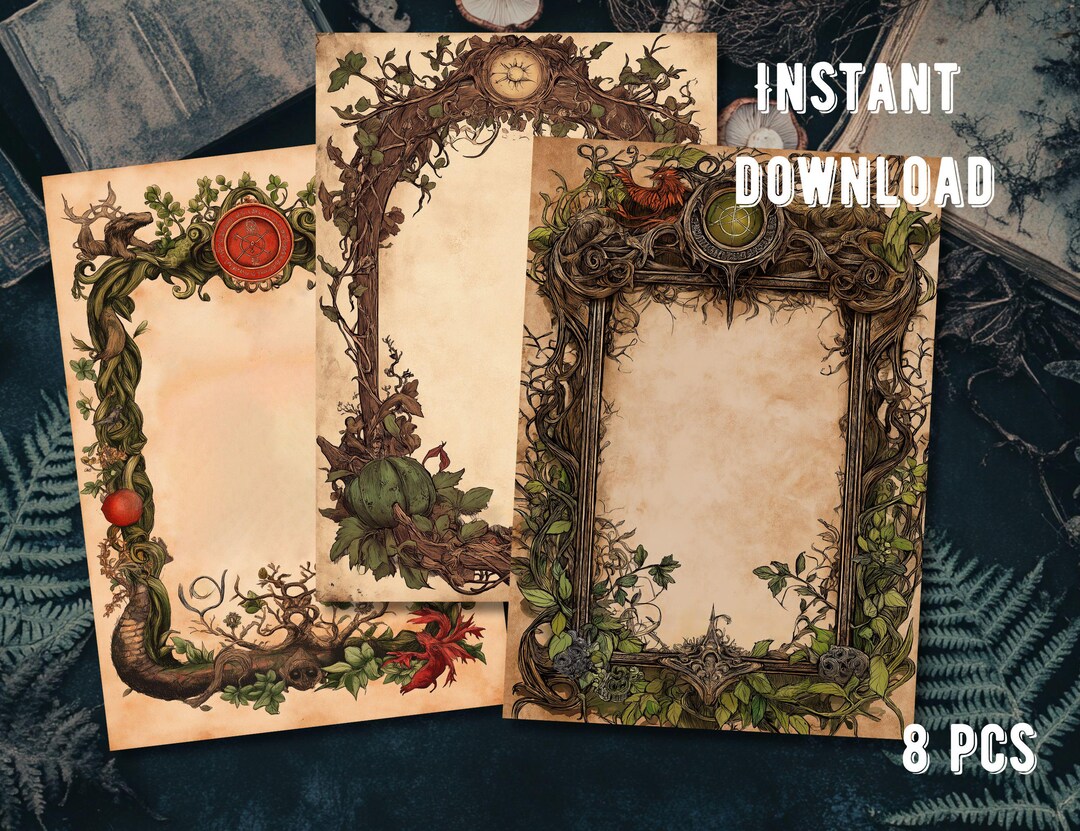 8 Digital Manuscript Book of Shadows Pages Printable Vintage Borders ...