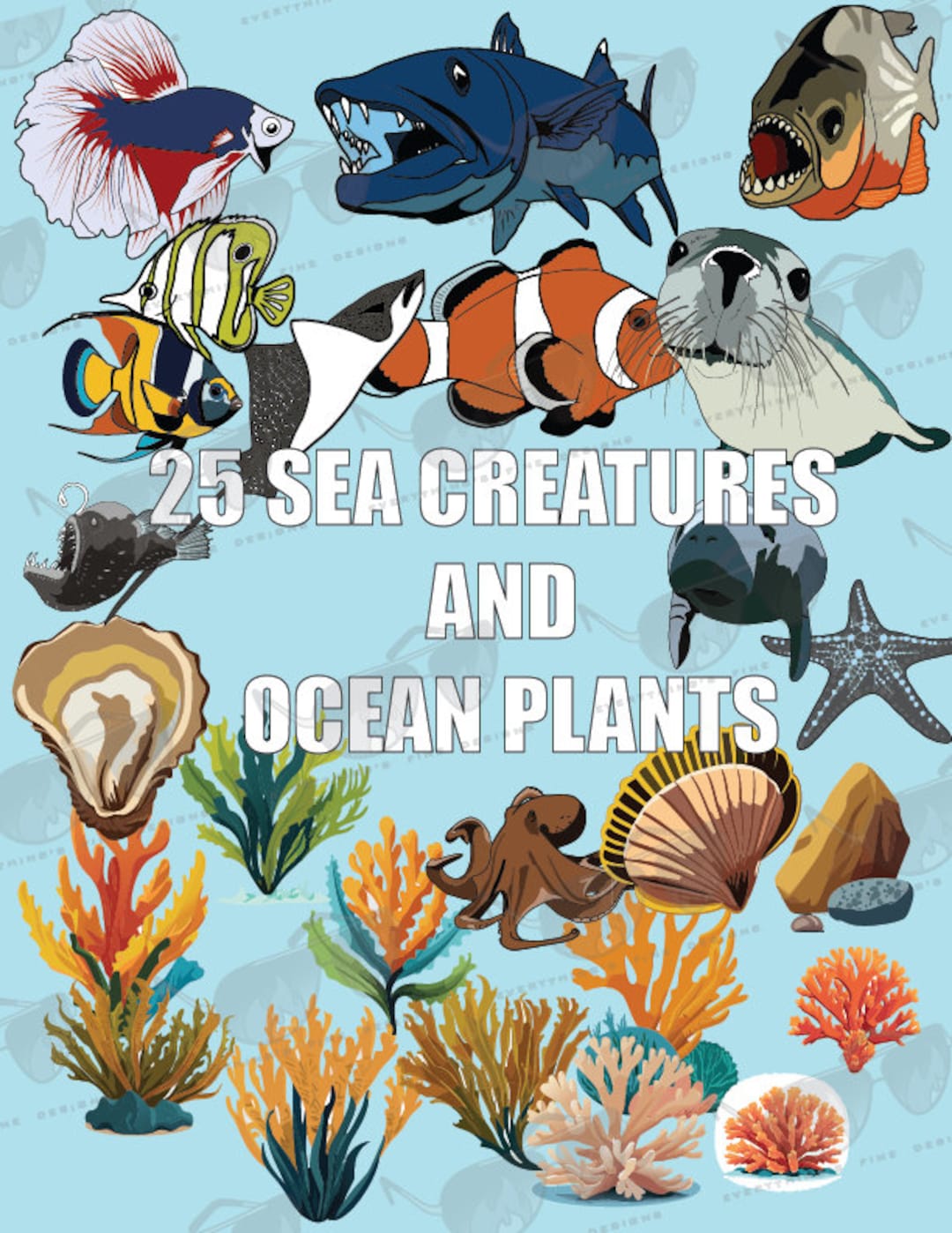 Ocean Vector Clipart Bundle, 25 Ocean Creatures and Plants, .svg, .eps ...