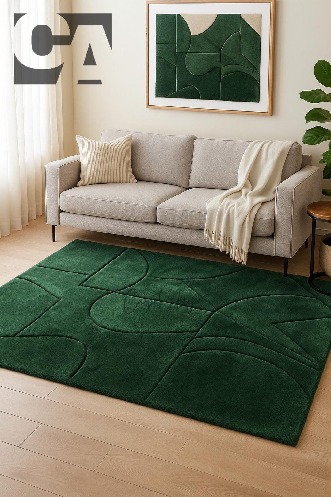Modern Deep Green Geometric Area Rug for Minimalist Living Room Decor ...