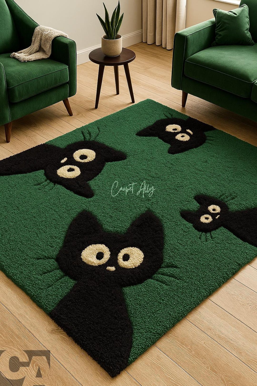 Black Cat Green Wool Rug, Hand Tufted Animal Carpet, Cute Halloween ...