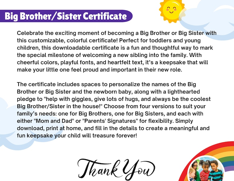 Big Brother/sister Certificate: Customizable Sibling Gift (PDF & PNG ...