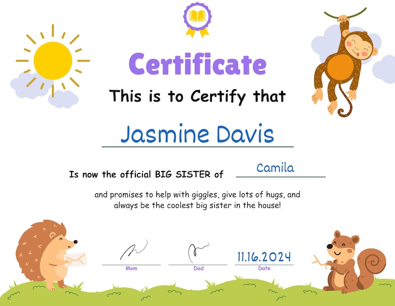 Big Brother/sister Certificate - Printable Colorful New Sibling Gift ...