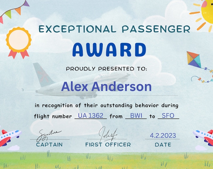 First Flight Certificate for Kids, Toddler's First Flight Award, First ...