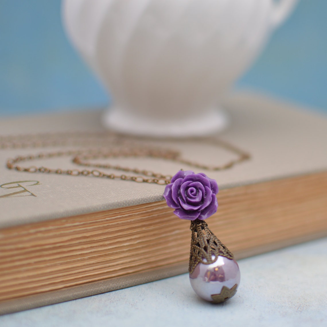 Purple Rose Necklace With Metallic Lavender Porcelain Bead - Etsy