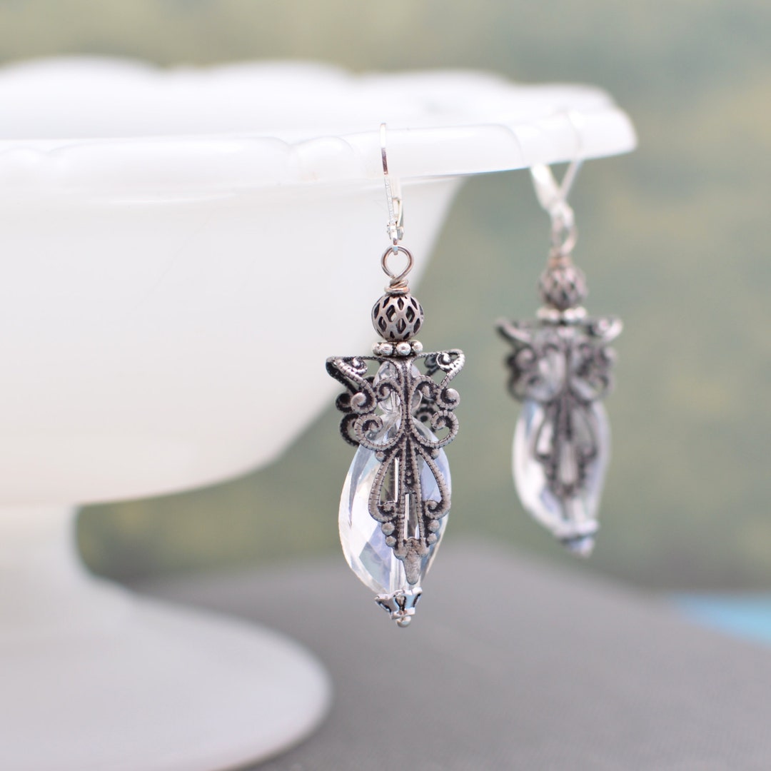 Silver Filigree and Crystal Angel Earrings - Etsy