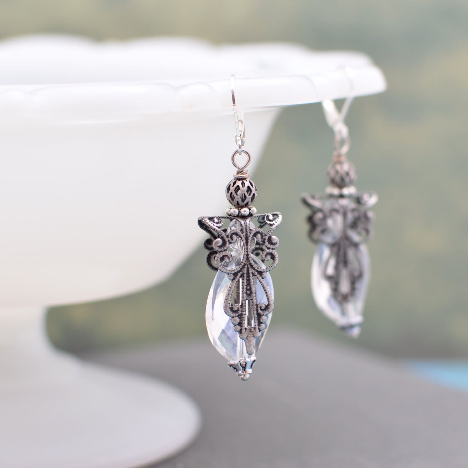 Silver Filigree and Crystal Angel Earrings - Etsy