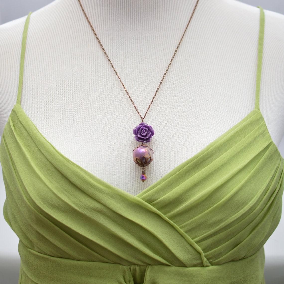 Purple Rose Necklace With Metallic Lavender Porcelain Bead - Etsy