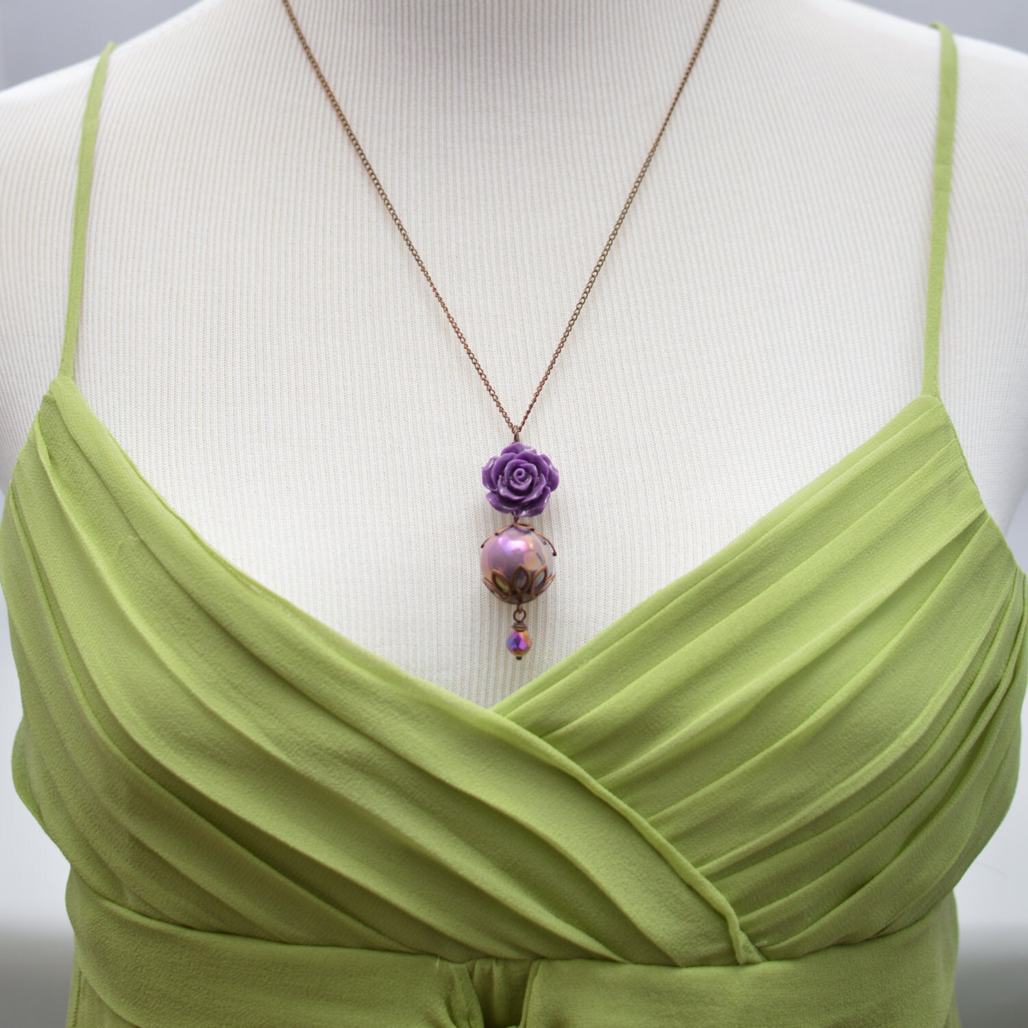 Purple Rose Necklace With Metallic Lavender Porcelain Bead - Etsy