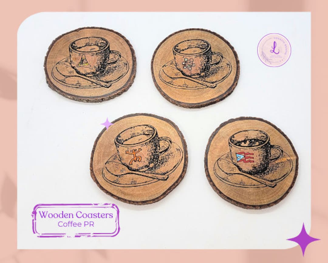 Wooden Coasters Puerto Rican Coffee Design - Coaster Set for Drinking ...