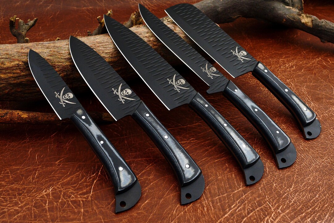 Gothic Style Black Kitchen Knives – Skull Engraved Chef Knife Set ...