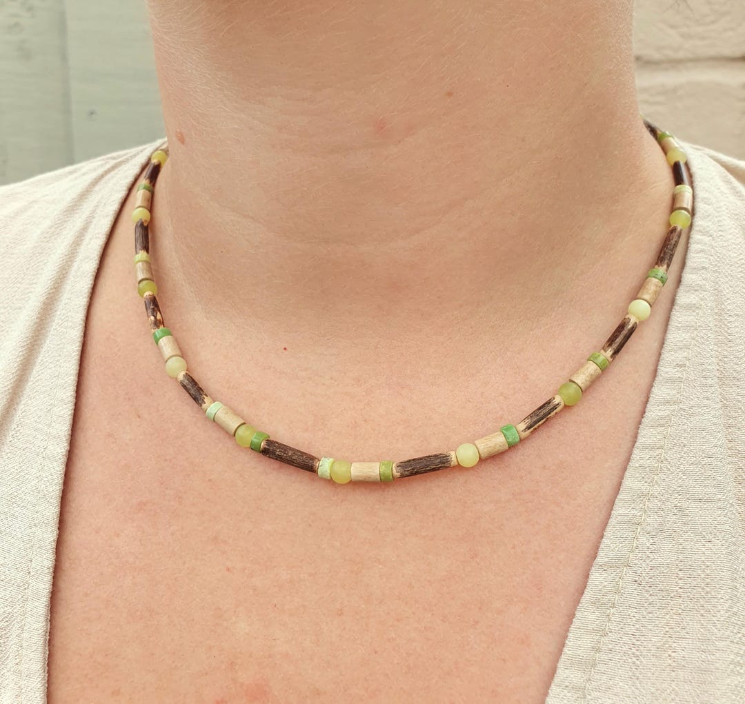 Surf Style Natural Wood and Green Stone Bead Necklace Summer Beach ...