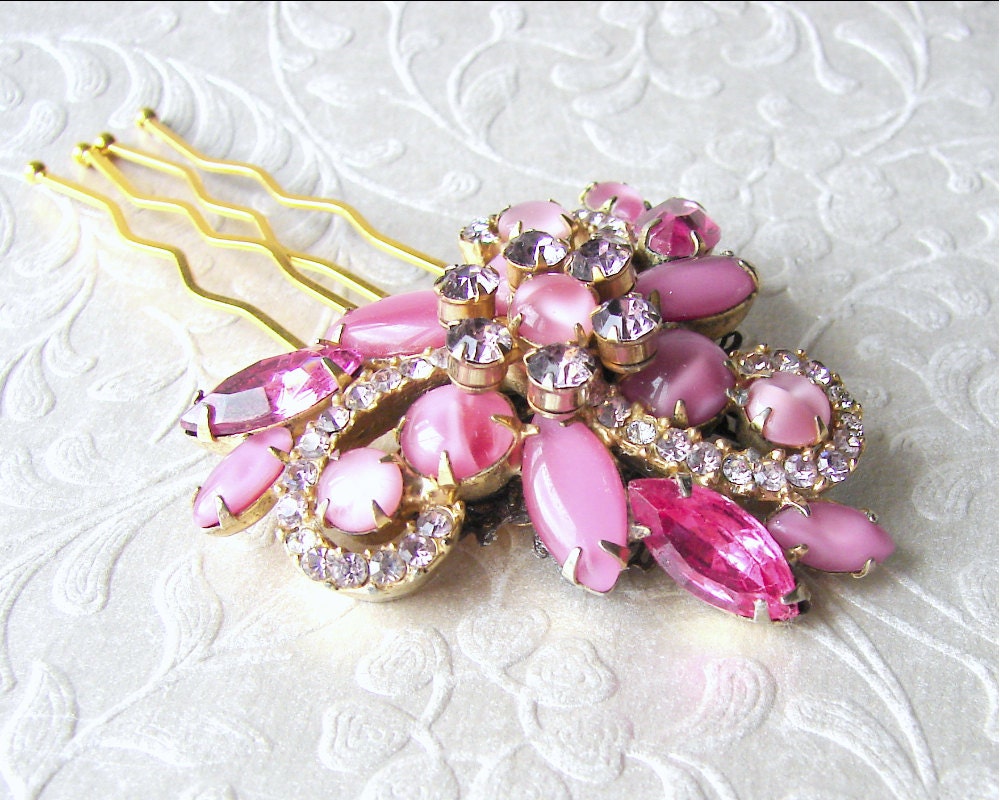 Rhinestone Hair Comb Pink Yarrow Vintage Jewelry Headpiece Jeweled ...