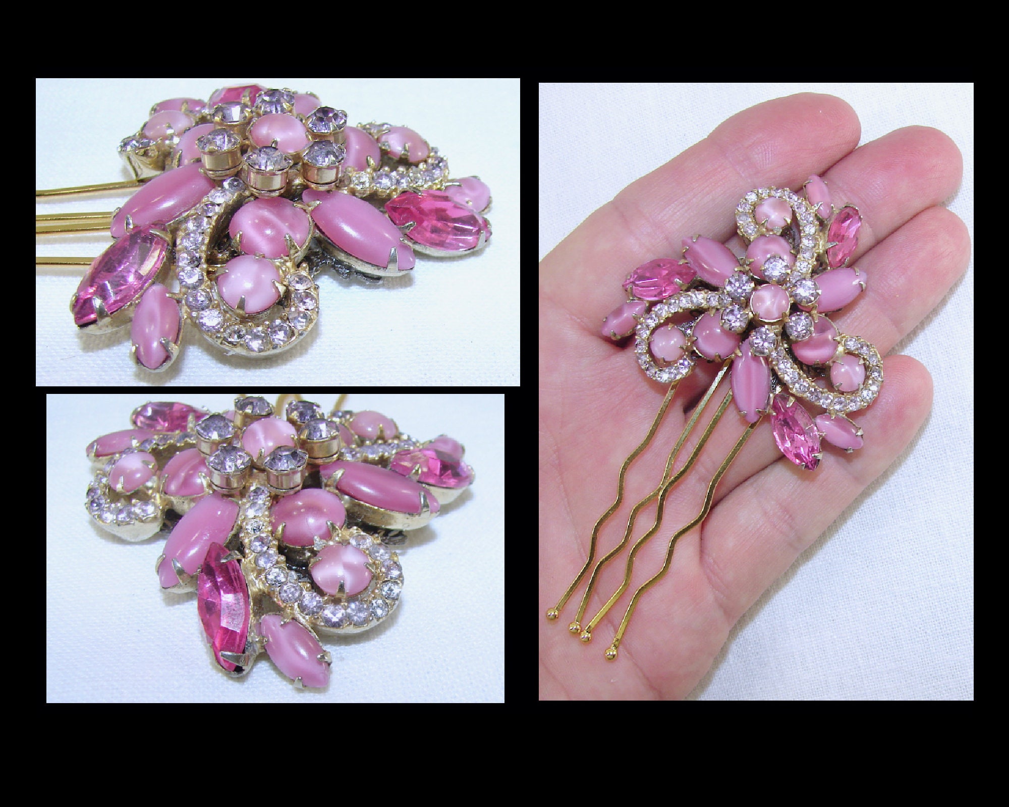 Rhinestone Hair Comb Pink Yarrow Vintage Jewelry Headpiece Jeweled ...