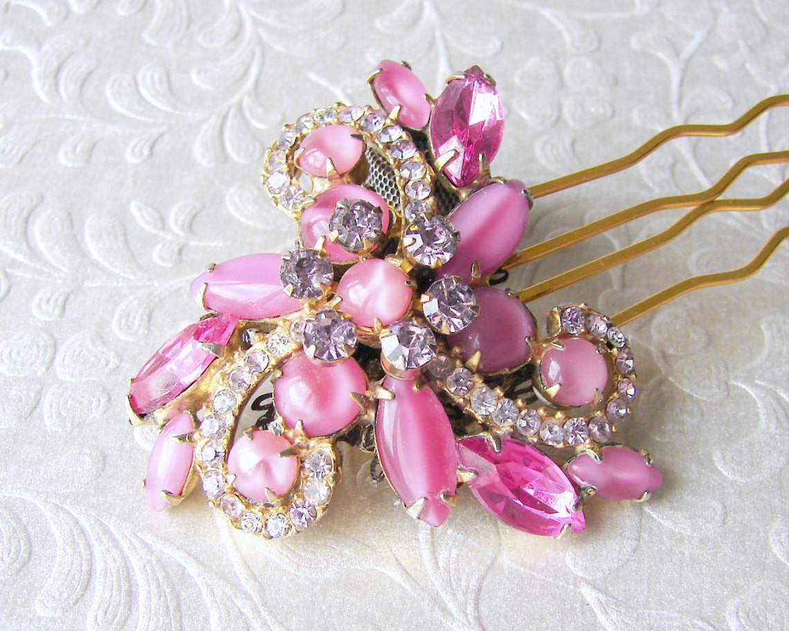 Rhinestone Hair Comb Pink Yarrow Vintage Jewelry Headpiece Jeweled ...