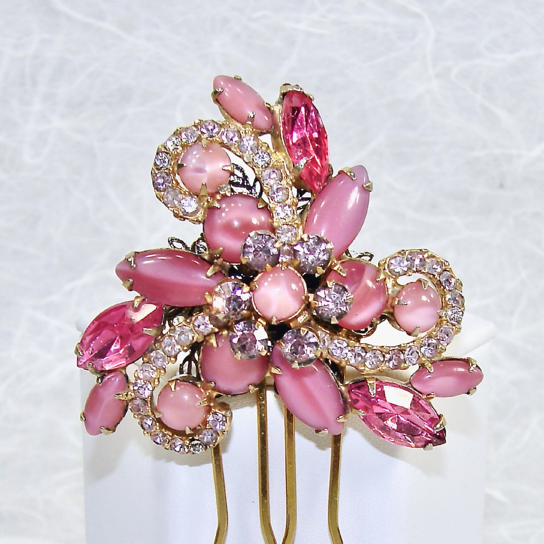 Rhinestone Hair Comb Pink Yarrow Vintage Jewelry Headpiece Jeweled ...