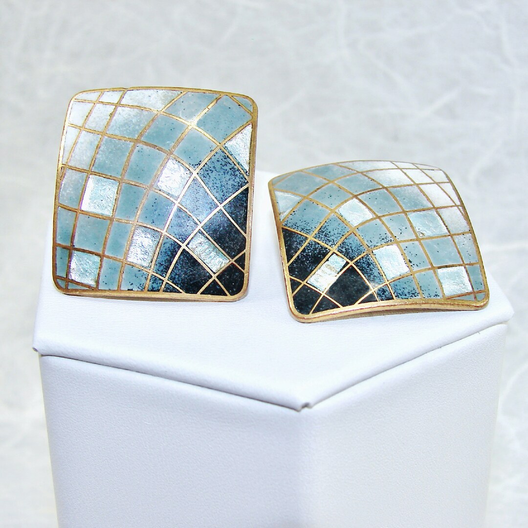 Vintage 1980's Signed David Kuo Champleve Enamel Pierced Earrings Gold ...