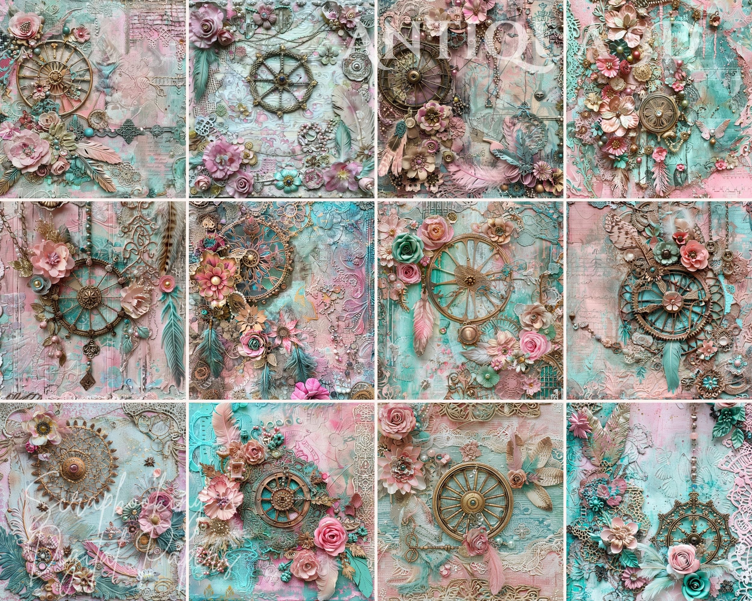 Shabby Chic Aqua Pink Digital Paper | Rustic | Vintage Craft Scrapbook ...