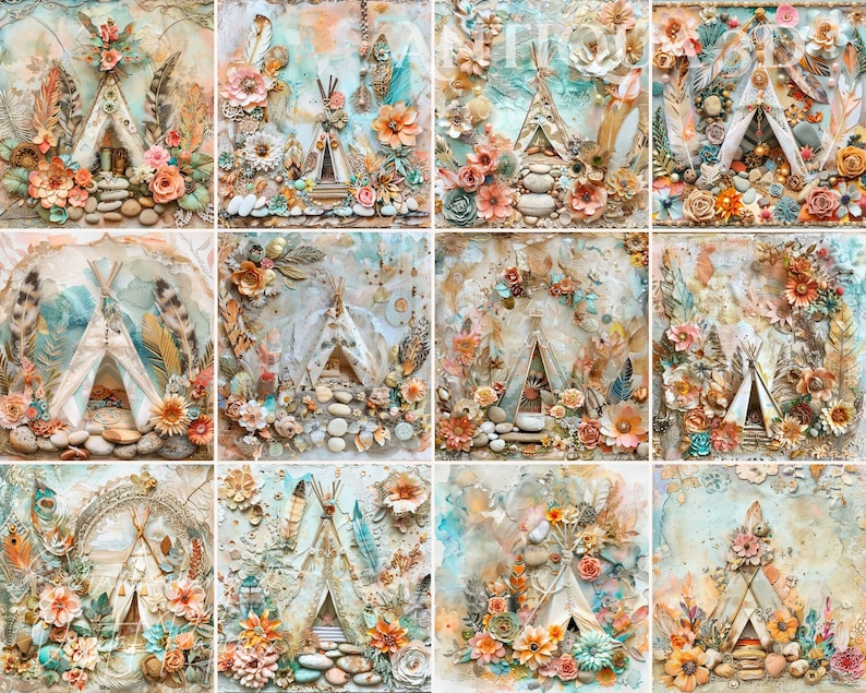 Shabby Chic Teepee Digital Paper | Vintage Tent Scrapbook Paper | Aqua ...