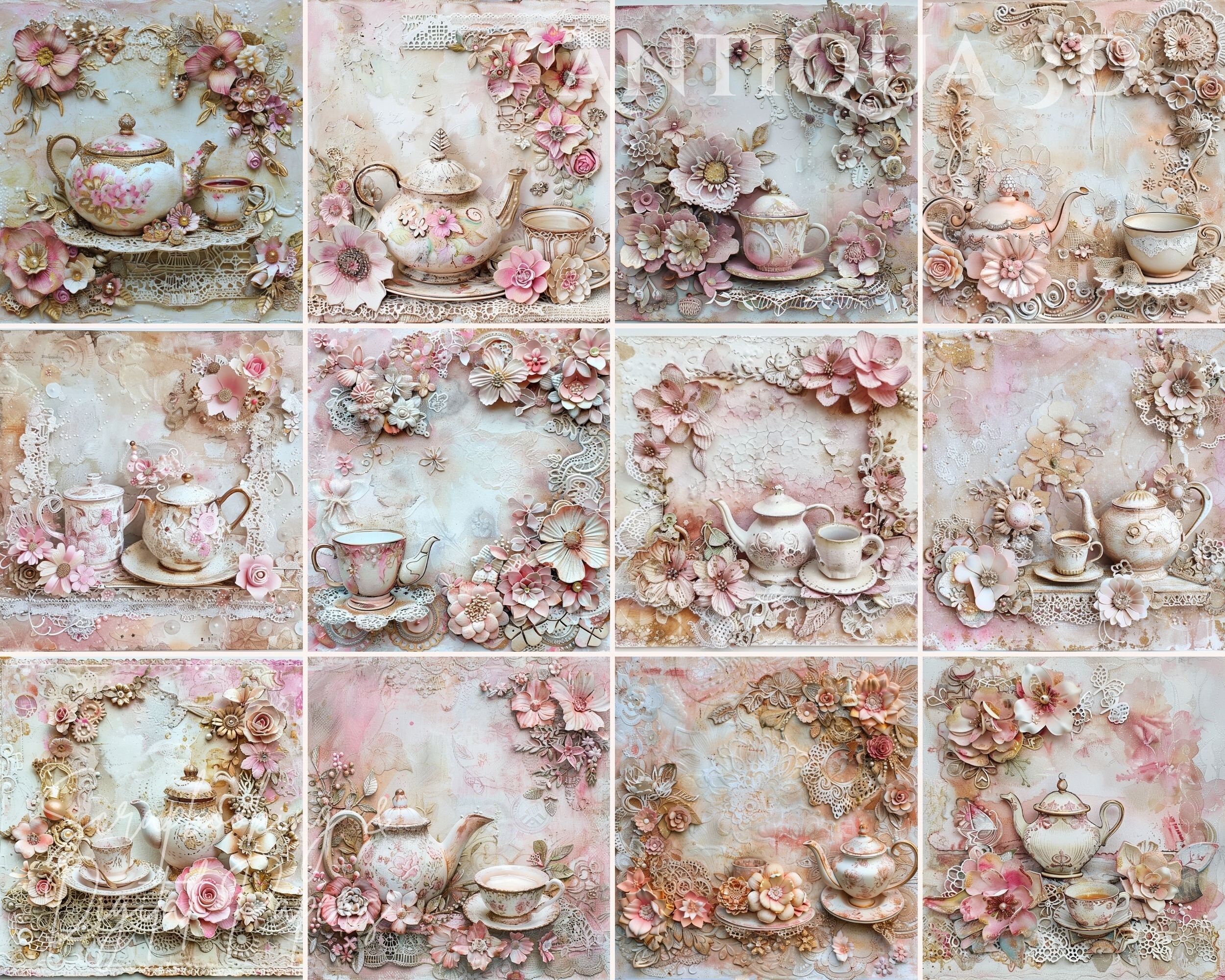 Tea Party Digital Paper Commercial Use Pink and Gold Pink Backgrounds ...