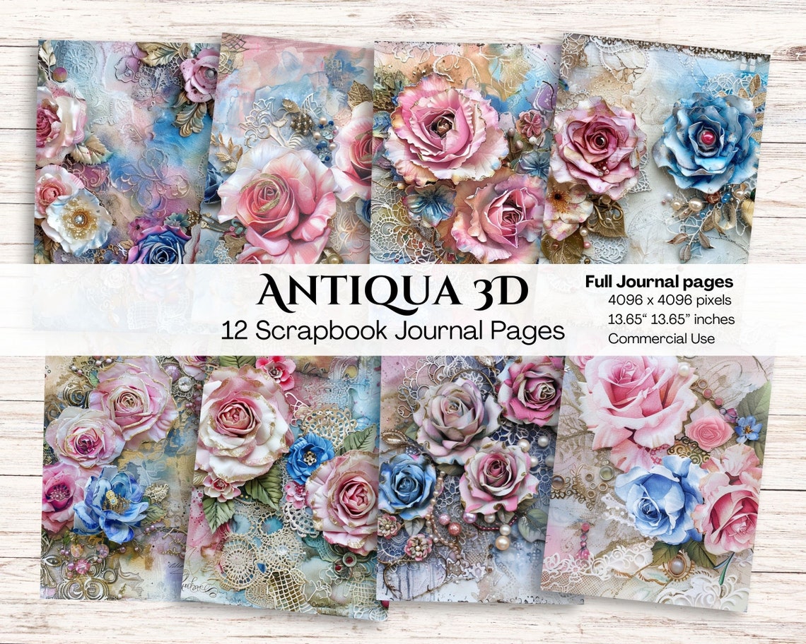 Shabby Chic Roses Digital Paper | Vintage Rose Scrapbook Paper | Blue ...