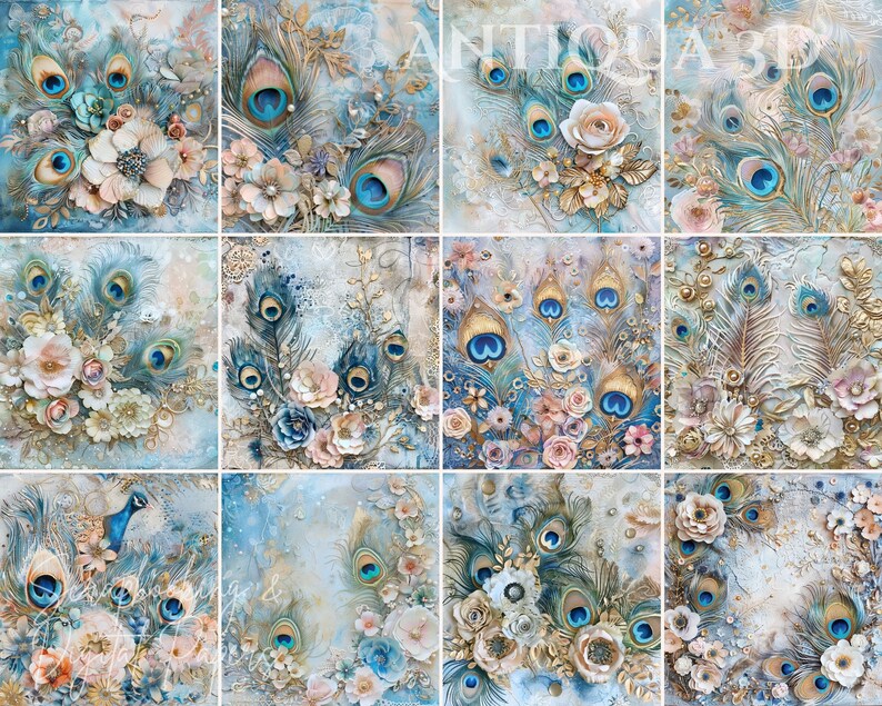 Shabby Chic Peacock Digital Paper | Vintage Blue Scrapbook Paper ...