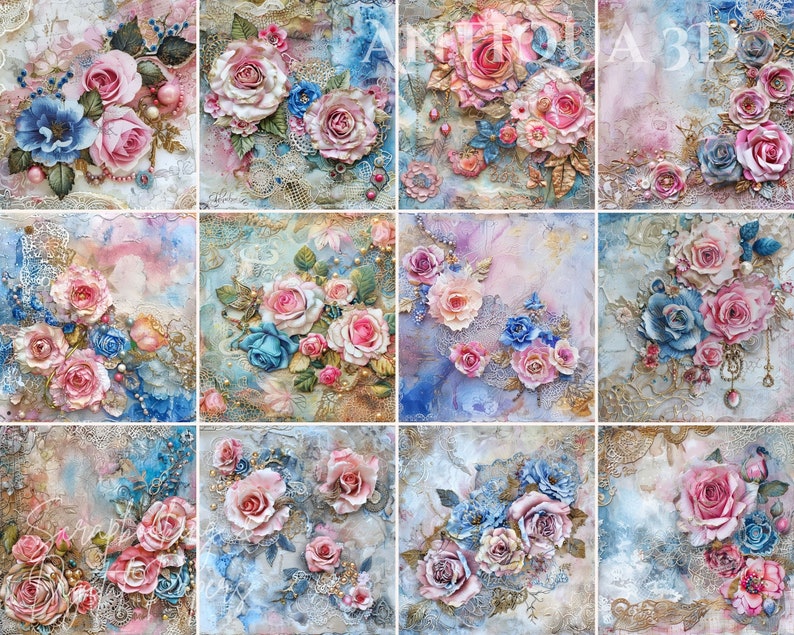 Shabby Chic Roses Digital Paper | Vintage Rose Scrapbook Paper | Blue ...