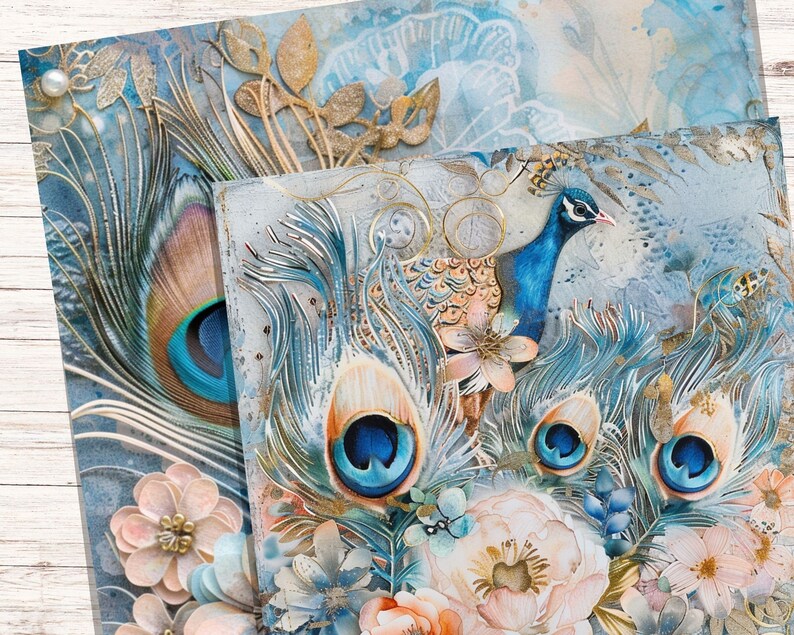 Shabby Chic Peacock Digital Paper | Vintage Blue Scrapbook Paper ...
