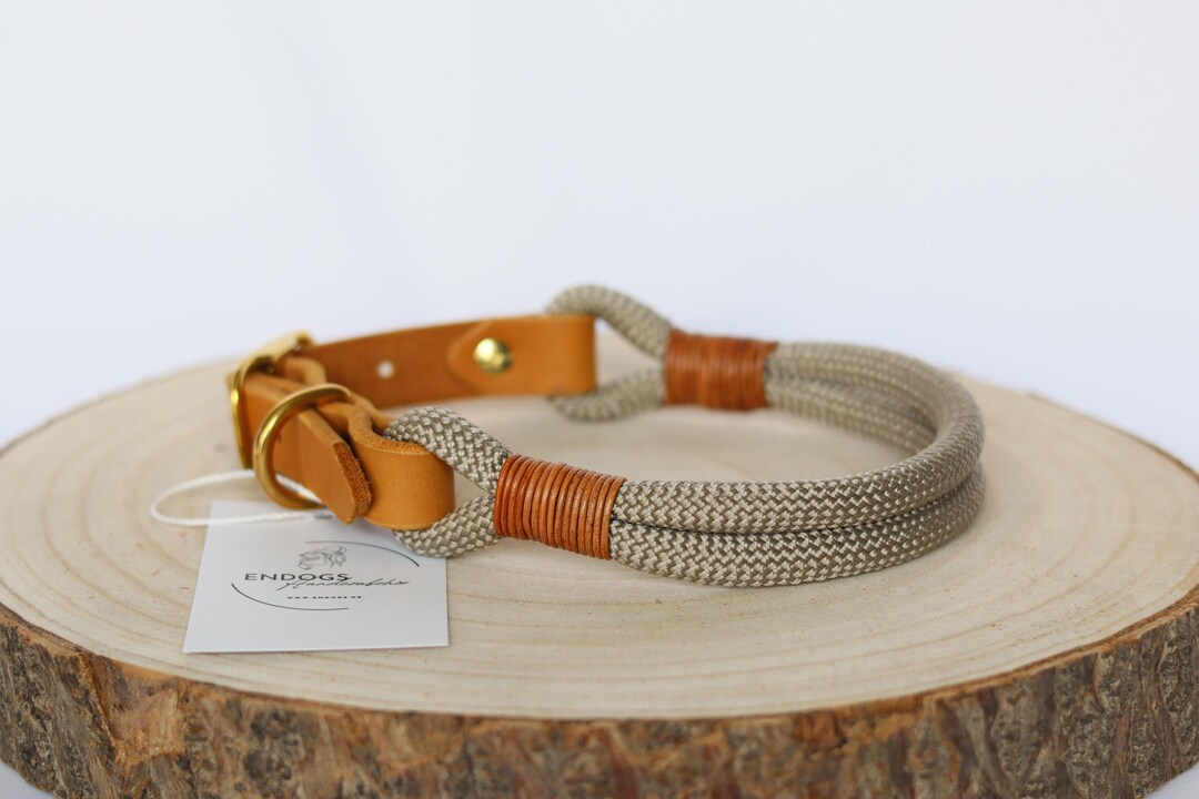 Rope Collar With Leather Trim | Adjustable Dog Collar | Handmade | Tan ...