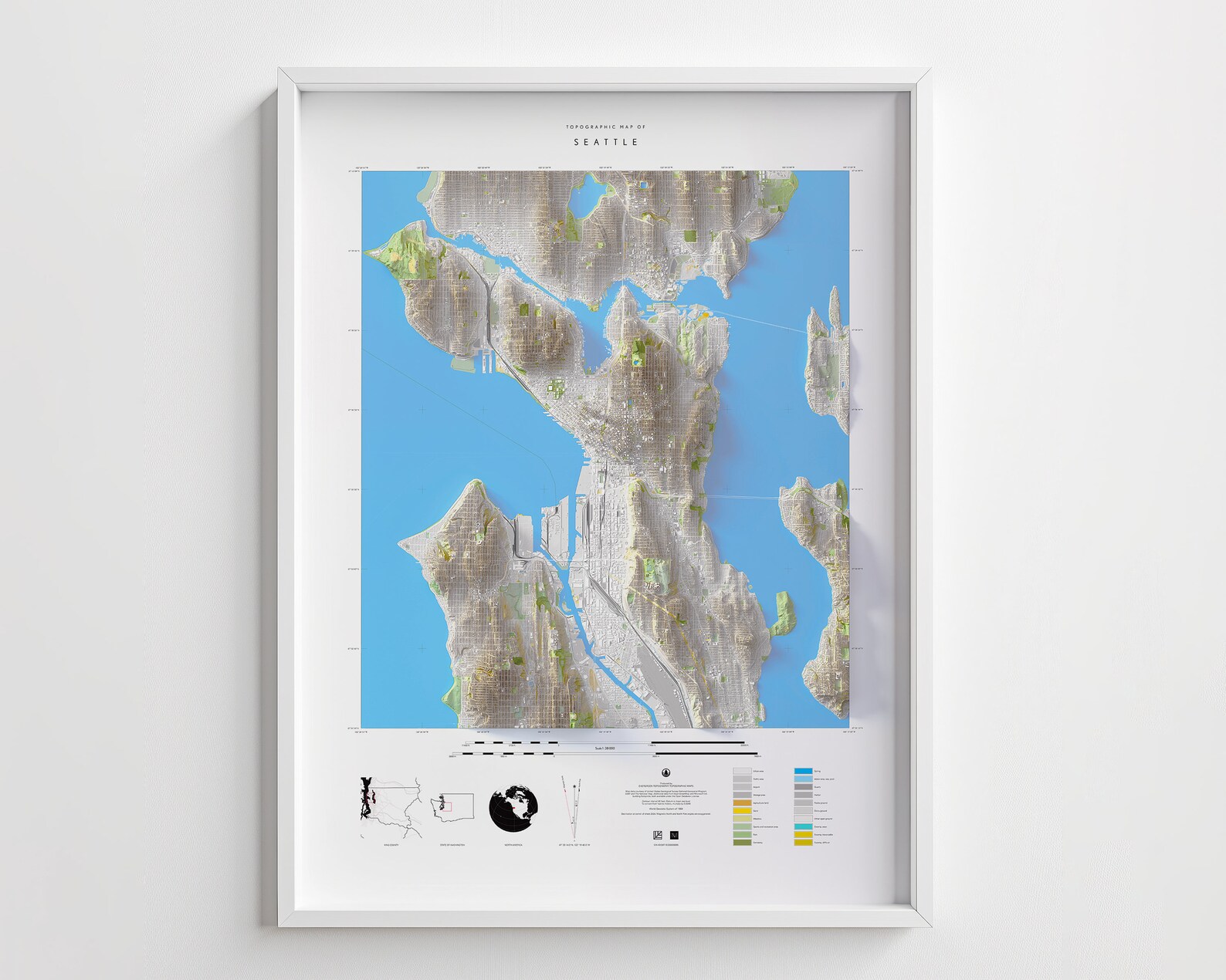 Seattle Cityscape Topography, High-detail 24x32 Shaded Relief Elevation ...