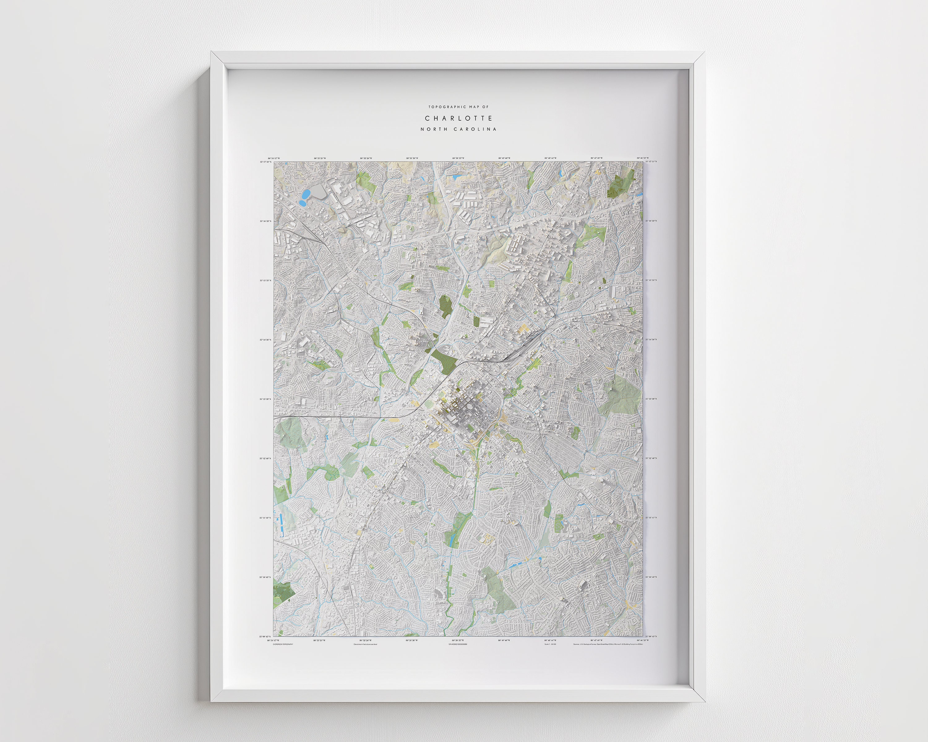 Charlotte North Carolina Topographic Map Print: Shaded Relief Elevation ...