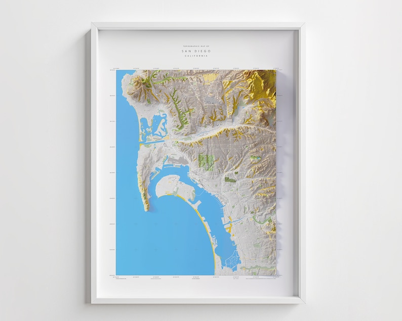San Diego Topographic Map Print: 3D Shaded Relief, California Cityscape ...