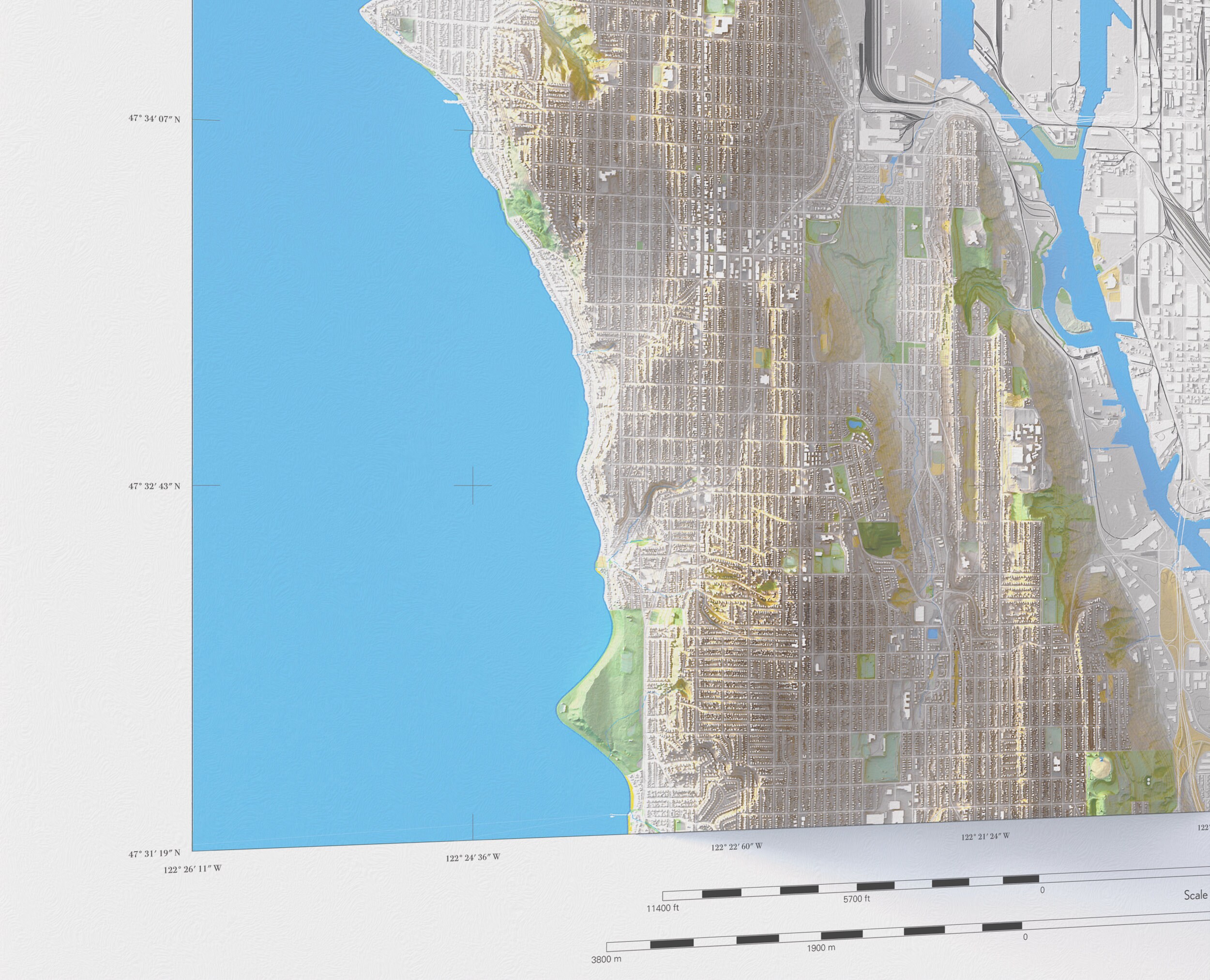 Seattle Cityscape Topography, High-detail 24x32 Shaded Relief Elevation ...