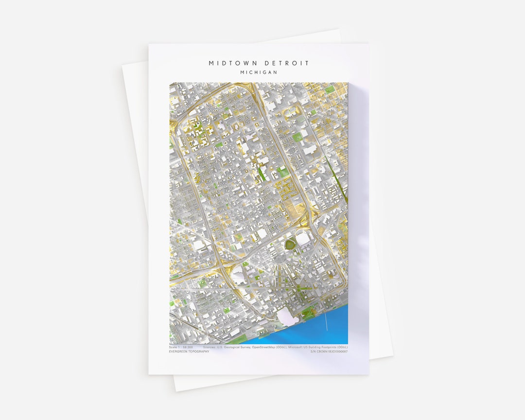 Midtown Detroit Topography Postcard, High-detail 4x6 Shaded Relief ...