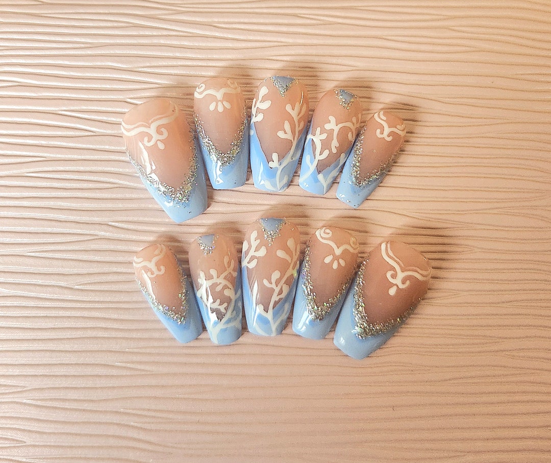 Handmade Blue French Tip Nails Set, Silver Holo Nails, Cute Filagree ...